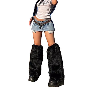 Verdusa Women's Fur Leg Warmers Furry Fuzzy Y2K Long Boot Cuff Covers Black A One-Size