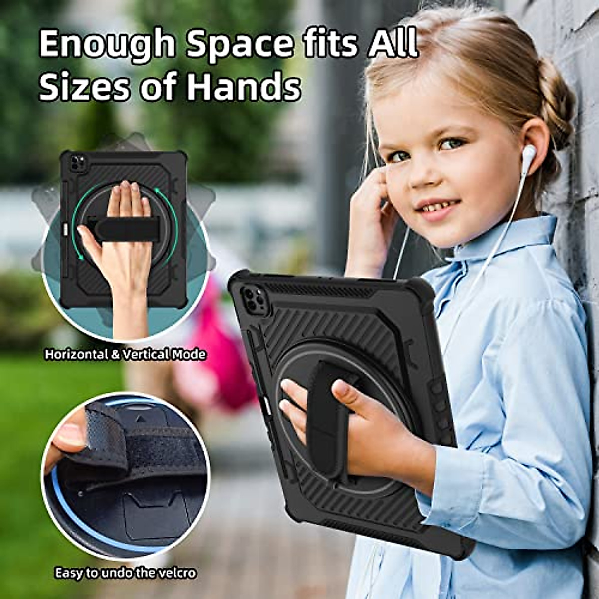 TASSKTO for iPad Pro 12.9 inch Case(6th 5th 4th 3rd Generation) with 360 Kickstand Hand Strap Pen Holder, Dual Layer Shockproof iPad Pro 12.9 Case for Kids