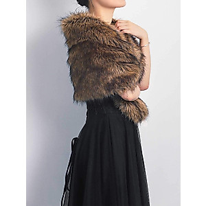 GORAIS Women's Wedding Faux Fur Shawls and Wraps Bridal Fur Scarf Stoles with Brooch for Bride and Bridesmaids (US 4-14(S-M), A Brown)