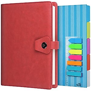 A5 Binder Journal, Refillable 6 Ring Organizer Planner Leather Business Writing Notebook, Ruled Hardcover Diary Notebook with Divider page and Index stickers-Red