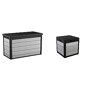 KETER Denali 200 Gallon Resin Large Deck Box, Grey/Black & Denali 30 Gallon Resin Deck Box for Patio Furniture, Pool Accessories, and Storage for Outdoor Toys, Grey/Black