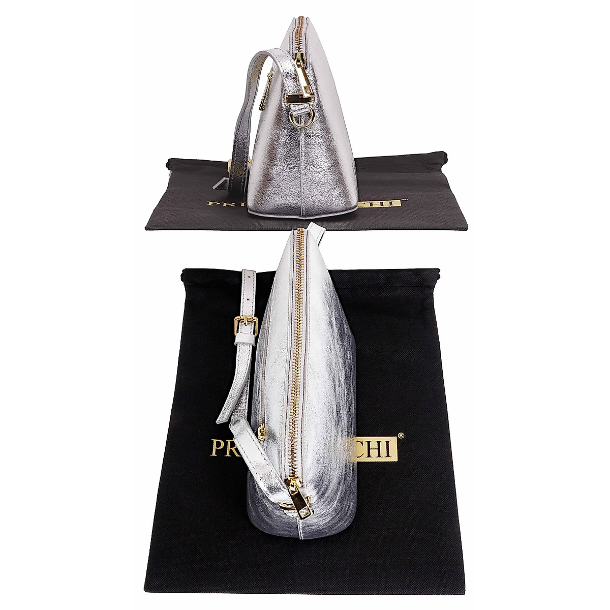 PRIMO SACCHI Ladies Italian Textured Metallic Silver Leather Small Triangular Shoulder Crossbody Bag