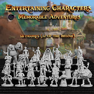 Newcombie Wildspire 58 Fantasy Miniatures Set Townsfolk Characters for DND Miniatures Bulk 28mm Dungeons and Dragons Miniatures | for DND Minis and D&D Miniatures I Character Sheets & Quests