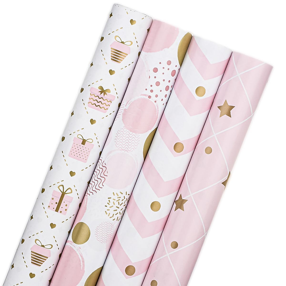 JUSTASHOW Gift Wrapping Paper, 4 Rolls Birthday Wrapping Paper for Girls Women kids adults, 17x118 Inches Per Roll Wrapping Paper for Birthday, Christmas Baby Shower(Pink)