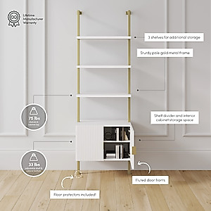 Nathan James Theo Mid-Century Modern Bookcase with Cabinet Fluted Texture, White Open Shelves and Brass Metal Frame Living Room, Home Office Storage