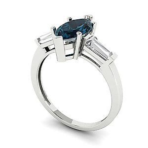 Clara Pucci 1.97ct Marquise Baguette cut 3 stone Solitaire Natural London Blue Topaz gemstone designer Modern Ring 14k White Gold