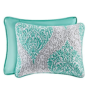 Comfort Spaces Coco 3 Piece Quilt Coverlet Bedspread Ultra Soft Printed Damask Pattern Hypoallergenic Bedding Set, Full/Queen, Teal - Grey