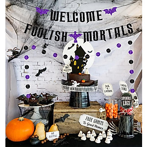 Welcome Foolish Mortals Halloween Banner for Halloween Haunted Mansion Decorations, Welcome Foolish Mortals Doormat Sign, Halloween Haunted Mansion Banner with Bat for Halloween Mantel Fireplace