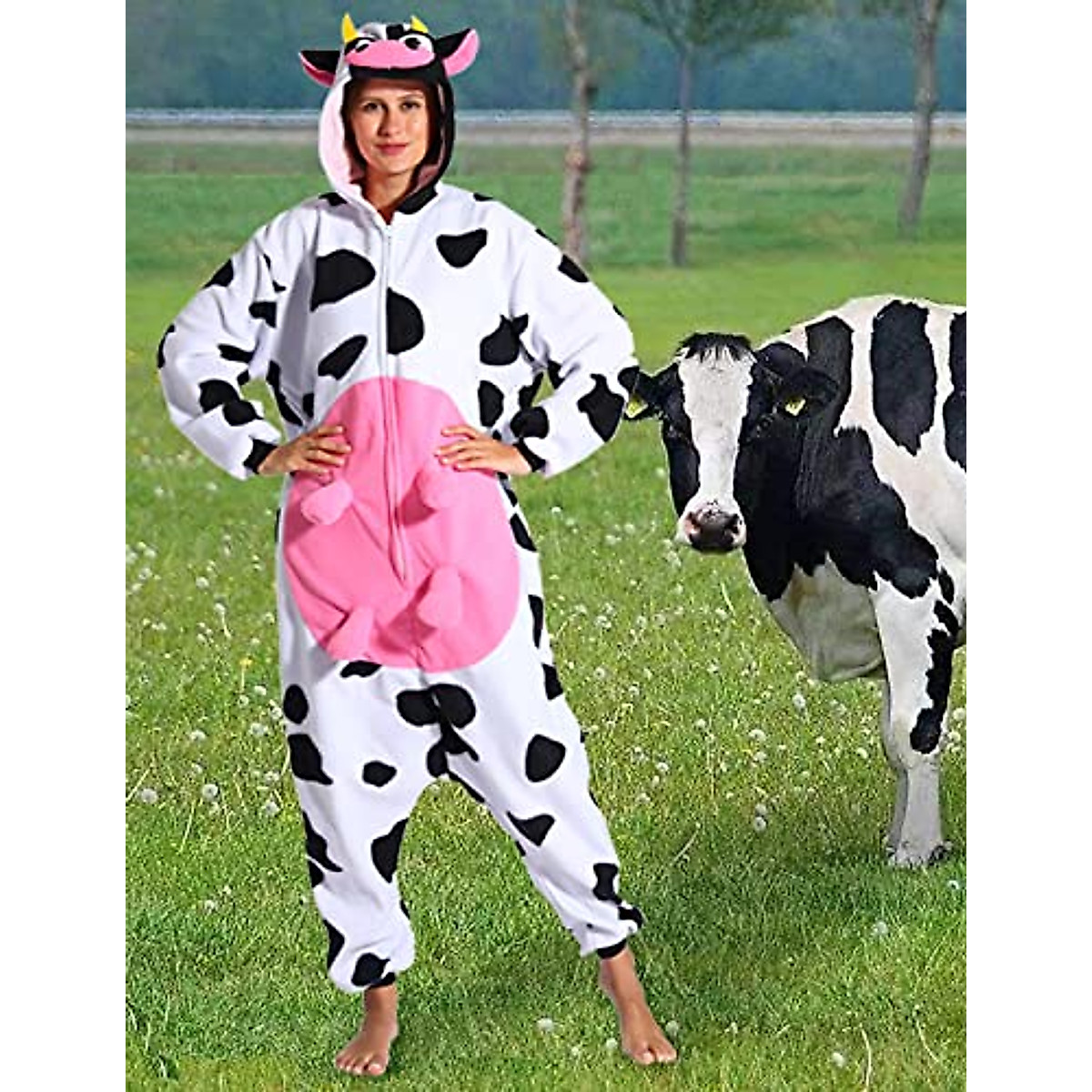 Adult Cow One-Piece Pajamas Animal Cosplay Halloween Costume for Men Women