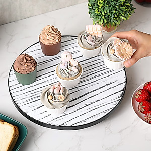 MyGift 12 Inch Vintage White Solid Wood Lazy Susan Turntable Tray with Black Metal Rim, 360 Degree Rotating Round Serving Display Tray for Food, Spices & Condiments