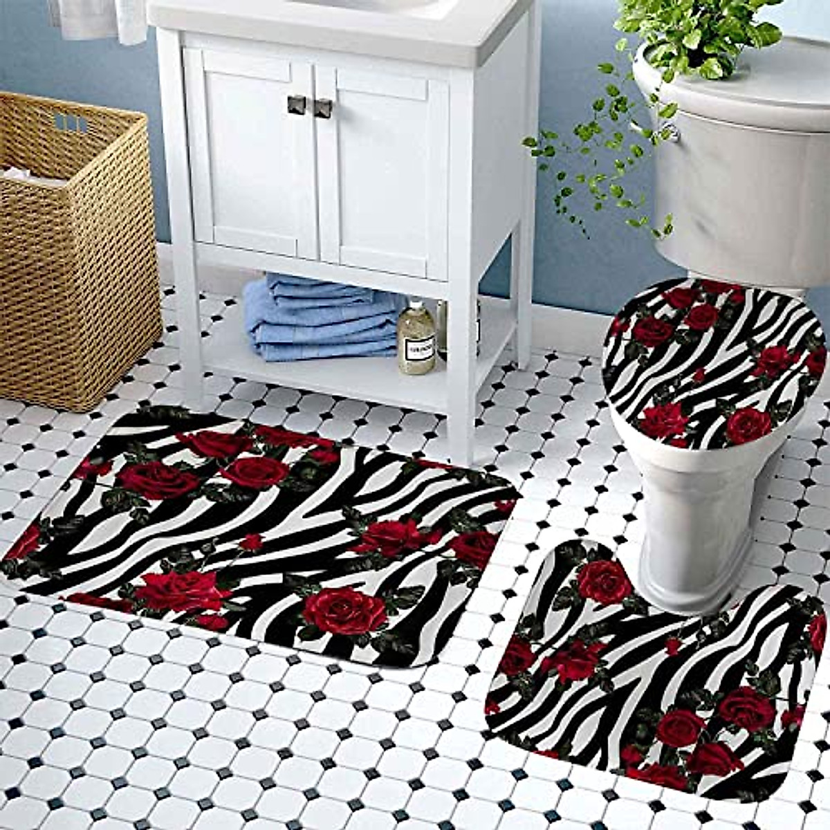 Dia Magico 4PCS Zebra Print Shower Curtain Set, Romantic Red Rose Floral Botanical Black and White Stripes Wildlife Safari Animal Skin Modern Bathroom Decor Fabric Shower Curtain, Non-Slip Bath Mat