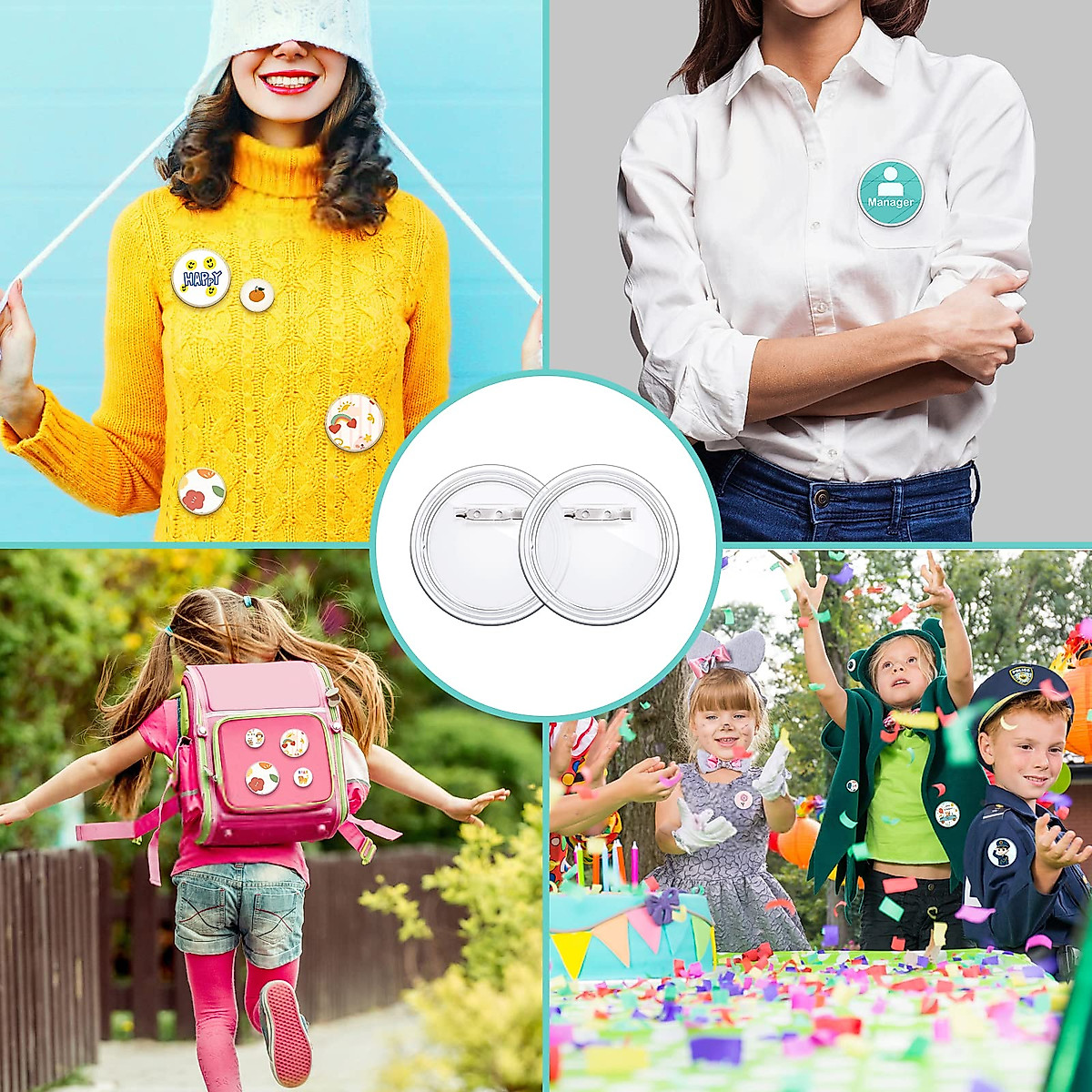 18 Pack Acrylic Design Button 2.4 Inch/60mm Name Badge DIY Buttons Clear Pins for DIY Crafts Children's Paper Craft Activities Pin Back on Clothes, Hats, Bags