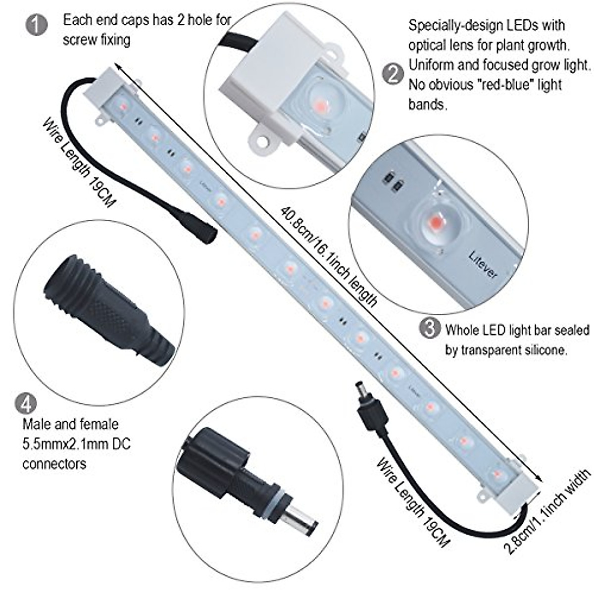 Grow Light Strip Kit 45W, 4 pcs 16 Inches LED Grow Light Strips with Extension Cables, Mounting Accessories for Greenhouse, Grow Shelf. Perfect for Indoor Growing-(4-Strip-Kit)