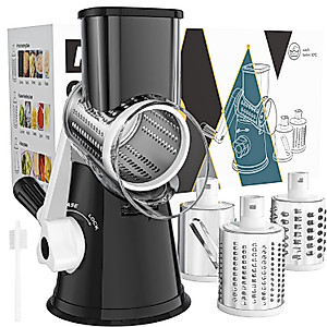 Rotary Cheese Grater Cheese Shredder - Cambom Kitchen Manual Cheese Grater with Handle Vegetable Slicer Nuts Grinder 3 Replaceable Drum Blades and Strong Suction Base Free Cleaning Brush