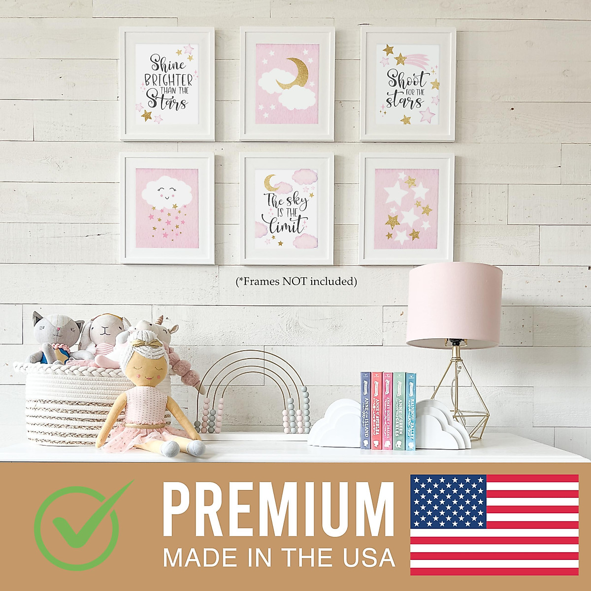 Hadley Designs 6 Reversible 8x10 Moon and Stars Nursery Decor Prints, Shower Decorations, Moon and Stars Wall Decor For Baby Girl Nursery Wall Art, Baby Girl Nursery Wall Decor For Girls Bedroom