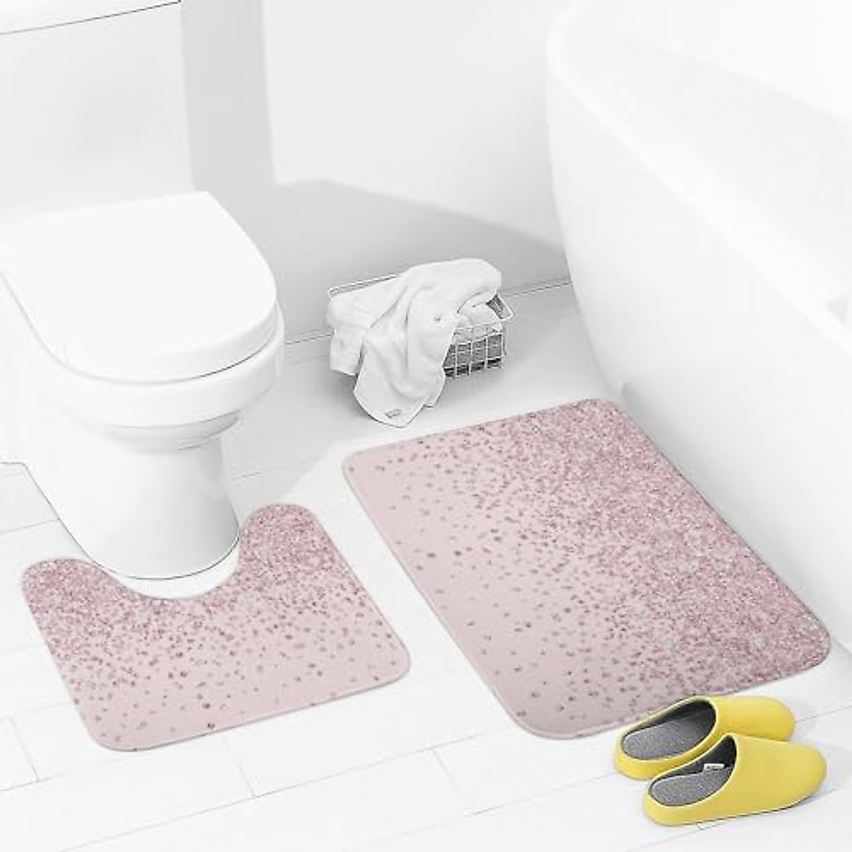 Bathroom Rug Set 2 Piece Blush Rose Gold Glitter Diamond Bath Rugs and U-Shaped Contour Toilet Rug, Non-Slip Bath Carpet Bath Mats for Bathroom 15.7"x23.6"
