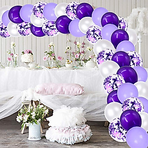 White Purple Confetti Latex Balloons, 50pcs 12 inch Helium Party Balloon with 33 Ft Purple Ribbon for Birthday, Girls Baby Shower, Wedding, Anniversary and Festival Ceremony Princess Decoration