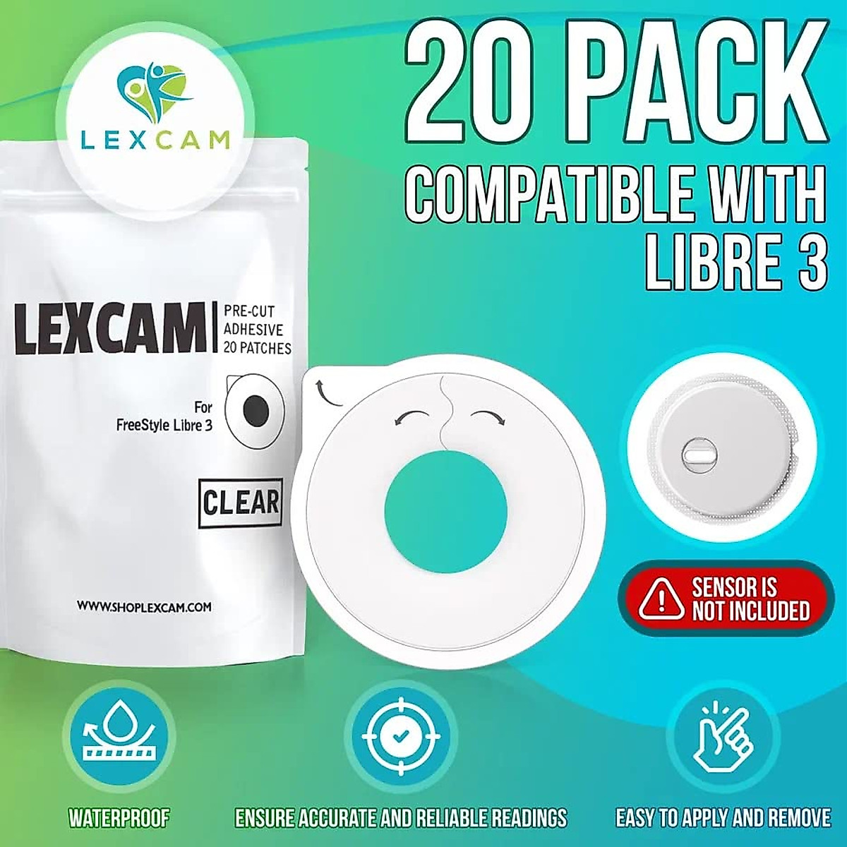 Lexcam Adhesive Freestyle Libre 3 Only Sensor Covers – Pack of 20 Patches, Waterproof, Transparent Cover w/Hole in Middle for Continuous Glucose Monitoring Device, Sensor is NOT Included