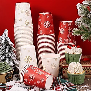 SUMAJU 100 Pcs Christmas Snowflake Paper Cups, 9 OZ Disposable Christmas Paper Cups Winter Coffee Cups Red White Snowflake Christmas Cups Drinking Tea Xmas Paper Cups for Daily Use Holiday Party