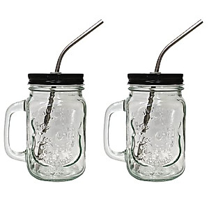 ( 2 PACK ) - Mason Jar Mugs with Handle, Stainless Steel Straw, & metal Lids 16 oz. (480ml) | Mason Jar Drinking Glasses | Reusable Boba Bubble Tea & Smoothie Cups | Tumbler for Bubble Tea, smoothie