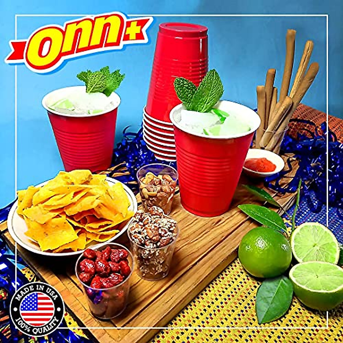 ONN+ Pack of 50 Disposable Plastic Cups, 16 Oz, Strong and Sturdy Disposable Cups for Parties or Celebrations (GOLD)