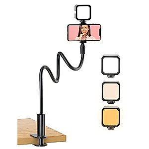 Phone Stand for Recording, 31 Inch Gooseneck Overhead Phone Mount with LED Light for Desk, 360° Rotation with Selfie Stands and Phone Holders for Video Recording, Live Streaming, YouTube Tiktok