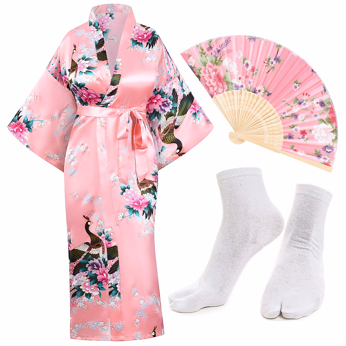 Heone Japanese Long Kimono Satin Peacock Printed Lightweight Cardigan Jacket Coat Loose Yukata Cloak Bathrobe Tops folding fans Tabi Socks Set(Coralred XL-5XL)