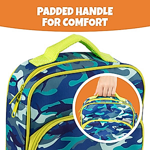 Insulated Lunch Box w Snack Pocket & Water Bottle Holder-Boys or Kids Blue Camo School Lunchbox Tote Keeps Food Hotter or Colder Longer- Reusable Bag Fits Most Bento Boxes, Ice Packs-Back to School