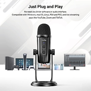 SmallRig U60 All Metal USB Microphone PC Streaming Microphone, Gaming Mic for PC,PS5 & Mac, 4 Pickup Patterns, Shock Mount and Adjustable Stand, Gain Control for Recording, Plug and Play, Black - 3466
