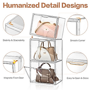 FODIENS 4 Packs Clear Handbag Storage Organizer for Closet, Acrylic Display Case for Purse Handbag, Stackable Purse Organizer Storage Box with Magnetic Door for Wallet Book Toys Collectibles