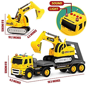 MOBIUS Toys 4-in-1 Construction Vehicle Bundle - 1:12 Scale Dump Truck, Flatbed and 2 Excavators with Lights and Sounds, Push and Go Realistic Big Truck Toy, Construction Vehicle Excavator Toy