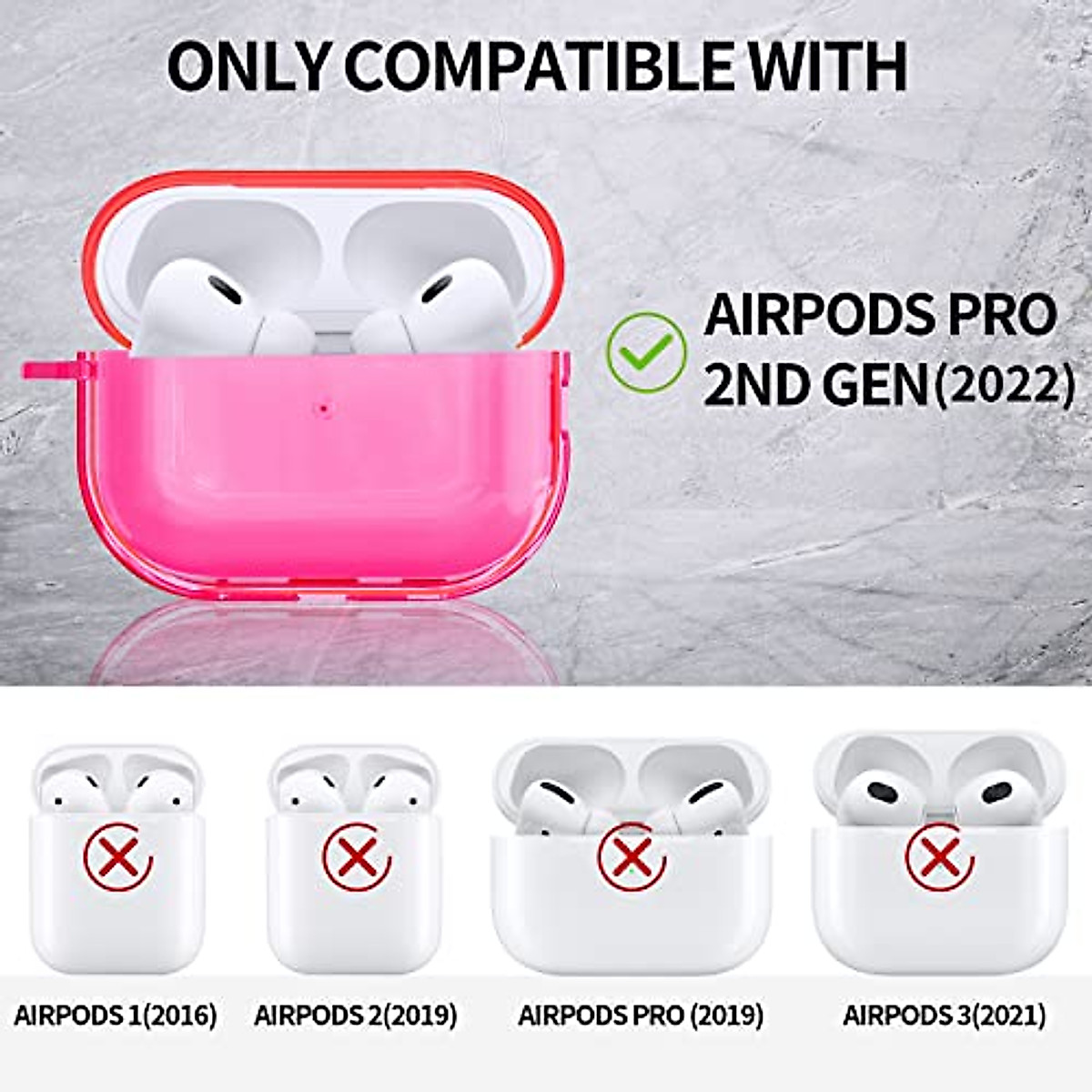 AIRSPO Airpods Pro 2nd Generation Case Cover, Clear Soft TPU Protective Cover Compatible with Apple AirPods Pro 2 Wireless Charging Case with Keychain and Lanyard (Neon Hot Pink)