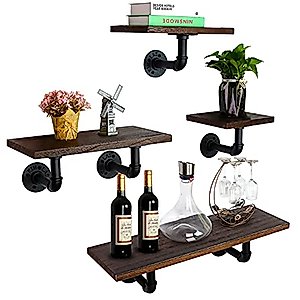 MANTE BLONG QTSARTISAN 24-Inch Industrial Pipe Floating Shelves Wall Mounted, Rustic Wood Wall Shelves Set of 4 for Bedroom, Bathroom, Living Room, Kitchen,Office and More (4 Shelves, Brown)