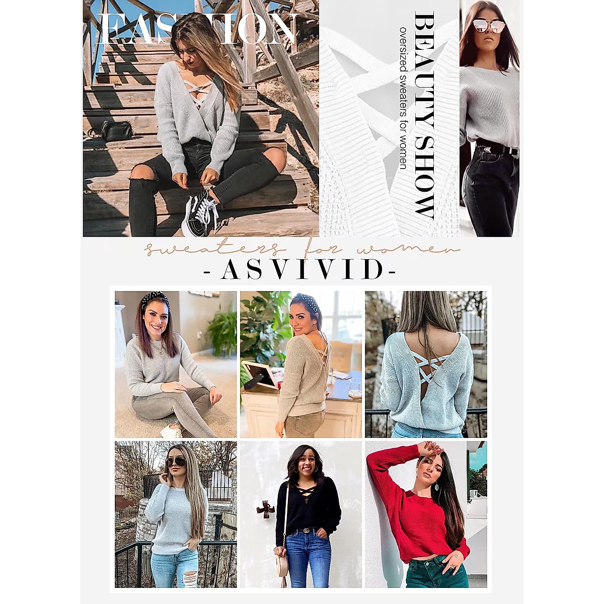 Asvivid Soft Criss Cross V Neck Knit Sweaters for Women Fall Trendy Open Back Women Sweater Solid Cozy Chunky Ovesized Pullover Tops M