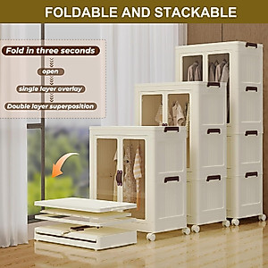Portable Closet Wardrobe, Folding Storage Bins with Lid, Closet Organizers and Storage, Stackable Storage Box with Hanging Rod and Doors, Collapsible Plastic Clothes Cabinet with Wheels, 10 Hangers