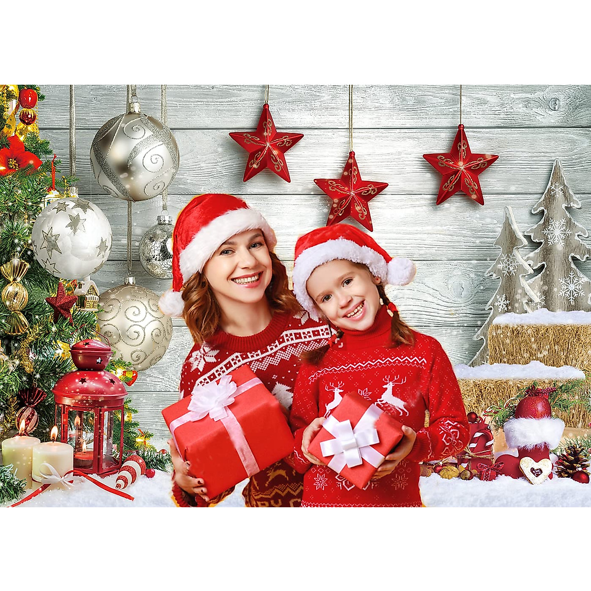 CYLYH 7X5FT Christmas Backdrop White Wood Floor Photography Backdrop Winter Snow Christmas Balls Xmas Tree Gift Family Party Photo Background New Year Party Banner Backdrop D551