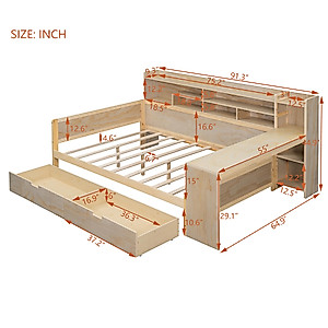 RuiSiSi Full Size Daybed with Bookcase & Drawers, Solid Wood Daybed with Desk and Storage Headboard, Multi-Function Full Bed Frame with Storage Drawers for Kids Teens Adults, Natural