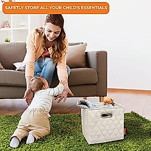 JIAessentials 11 inch Beige Foldable Diamond Patterned Faux Leather Storage Cube Bins Set of Two with Handles for living room, bedroom and office storage