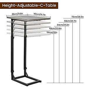 WHEARTED Adjustable C Shaped End Table - C Table Side Table for Couch and Sofa, Small Coffee Table with Metal Frame in Living Room, Bedroom, Bedside Rustic Gray