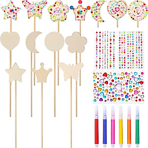 30 Pieces Princess Fairy Wands Kit Include 21 Wooden Fairy Wands Make Your Own Princess Wand, 6 Watercolor Brushes and 3 Gem Stickers Unfinished Wooden DIY Fairy Wand Art Craft Kit for Party Supplies