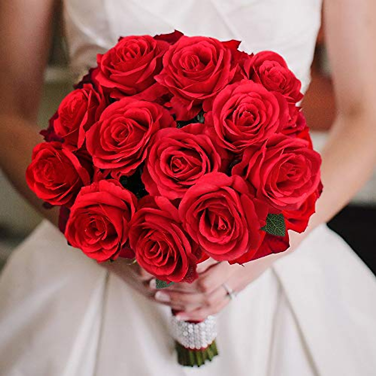 Mocoosy 12 PCS Red Rose Artificial Silk Flowers, Fake Roses with Long Stems Realistic Faux Rose Flower Bouquets for Wedding Decorations Bridal Shower Centerpieces Arrangement Party Home Table Decor