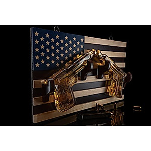 Pistol Whiskey Decanter Set of 2 300ml On American Flag Wall Rack by The Wine Savant - Tik Tok Gun Decanter, Veteran Gifts, Military Gifts, Home Bar Gifts, Law Enforcement Gifts