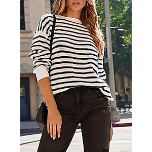 Dokotoo Oversized Crewneck Sweaters for Women 2024 Fall Winter Fashion Color Block Long Sleeve Striped Side Split Sweater Casual Comfy Chunky Knit Pullover Sweaters Tops White Large