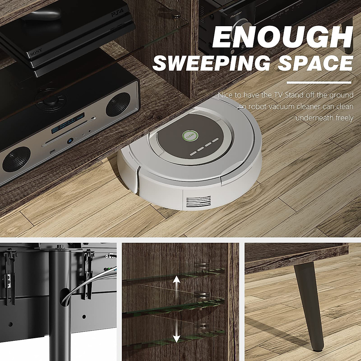 Rfiver Swivel Wood TV Stand with Mount for 32-70 Inch Flat Screen TVs, Entertainment Center with 4-Shelf Storage Cabinet for Media Console, Universal Floor TV Stand Cabinet for Home, Rustic Oak