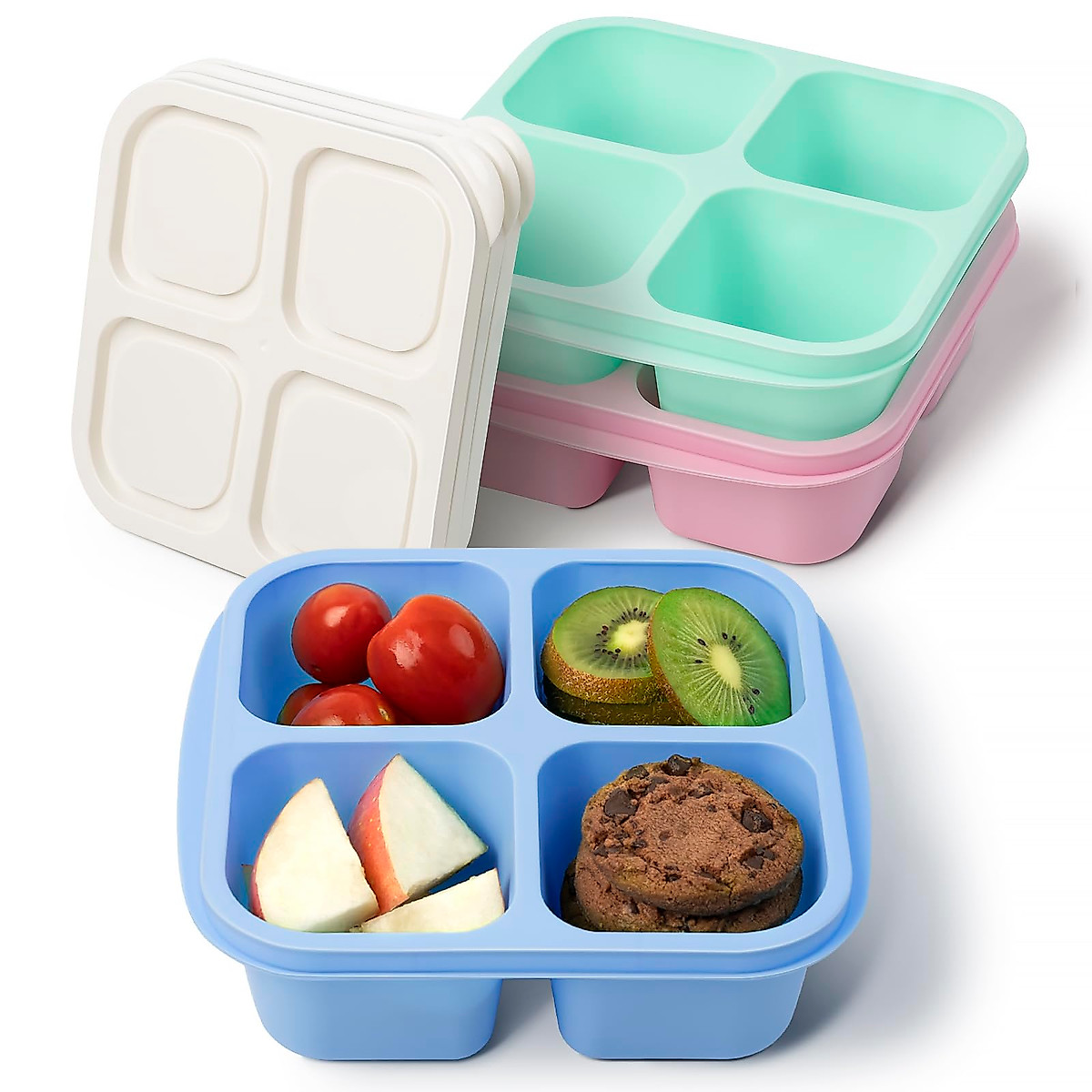 Mosville Snack Containers, Reusable 4 Divided Compartments Bento Snack Box Meal Prep Containers with Snacks, Fruits, Nuts, Cookies, Candies [3 Pack]