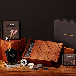 Iron & Glory | Poker Set | Luxury Poker Chips & Poker Cards Set With Wooden Case | Poker Table Accessories | Playing Cards & Casino Games For Game Night | Travel Card Games & Portable Camping Games