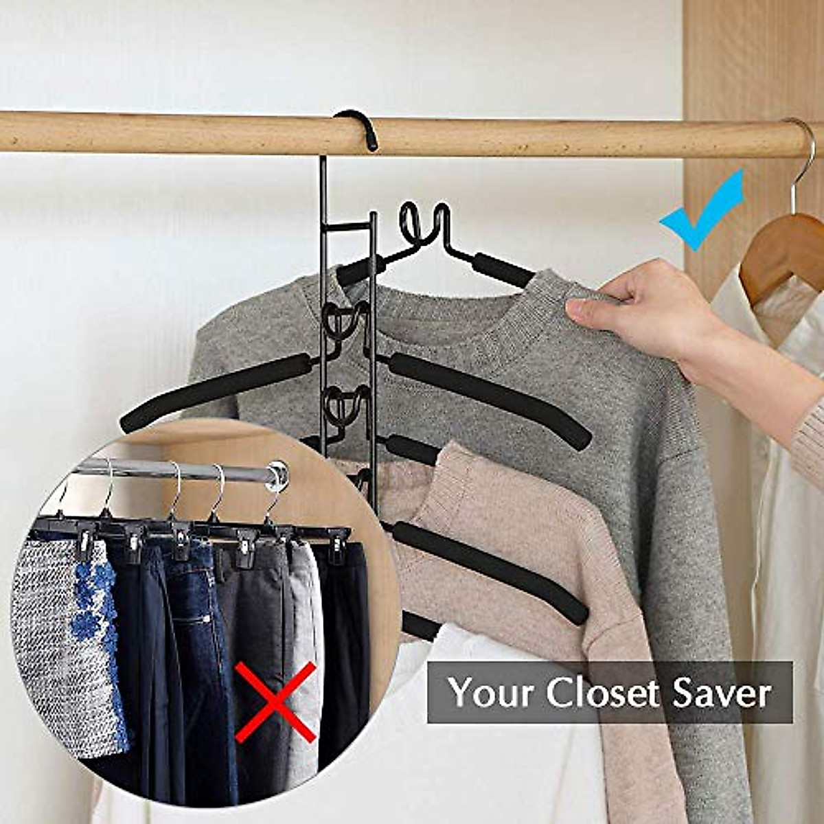 CESHUMD Space Saving Hangers for Clothes Detachable 5 Layers Stainless Steel Non-Slip Foam Padded Velvet Skirt Hangers Metal Closet Storage Organizer for Suits Pants Shirts Jeans 5-Tier Black