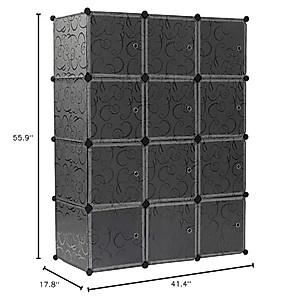 VINGLI Cube Storage, 12 Cube Organizer Shelves, Plastic Closet Cabinet, DIY Modular Storage Cube Organizer with Doors for Bedroom Living Room Office, Black