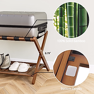 Smart FENDEE Fully Assembled Walnut Luggage Rack with Storage Shelf, Folding Suitcase Stand with 5 Heavy-Duty Straps, Large Wooden Luggage Holders for Guest Room Must Haves, Ideal for Bedroom, Hotel