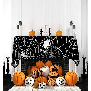 60 Inch Round Polyester Tablecloth, Halloween Black Spider Web Table Cloth, Spillproof Washable Polyester Table Cover - Perfect for Halloween Party Decorations
